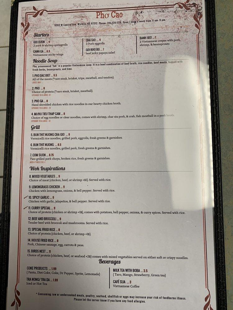 Menu at Pho Cao restaurant, Wichita