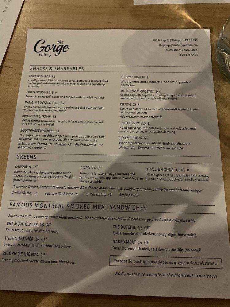 Carta del restaurante The Gorge Eatery, Weissport