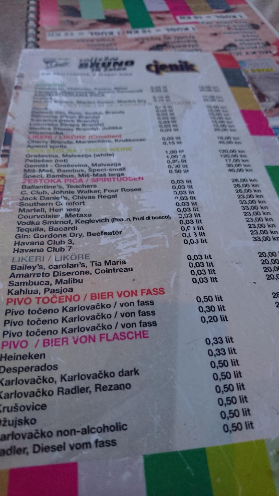 Menu da Bruno caffè bar, Zaton