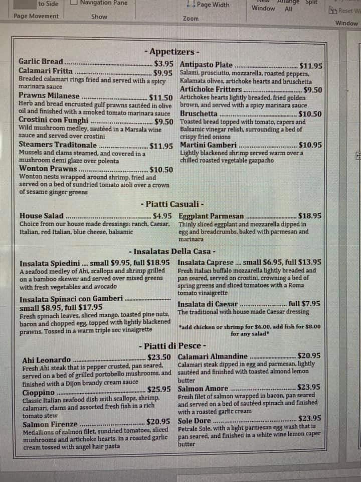 Menu at Garibaldi's Italian Kitchen restaurant, Carson City