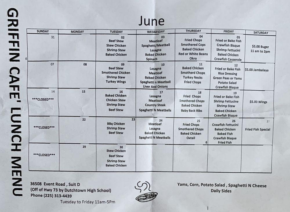 Menu at Griffin Cafe, Geismar, Event Rd