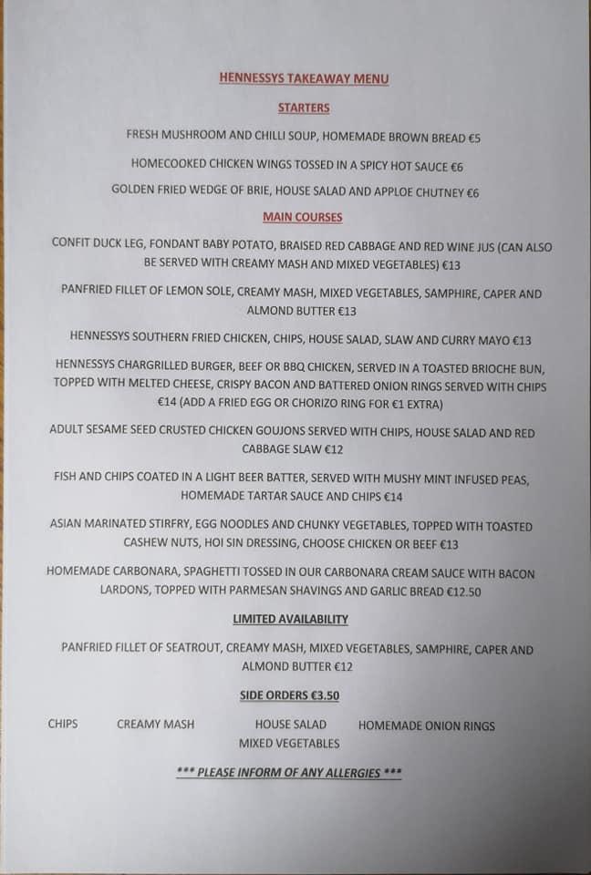 Menu at Hennessy's restaurant, Ferbane