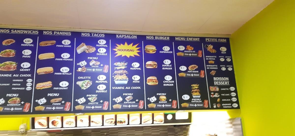 Menu at Kapsalon Kebab restaurant, Saint-Étienne