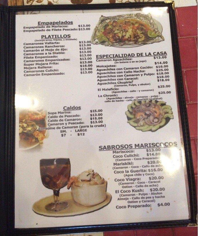 Menu at Mariscos El Ostion restaurant, Pomona