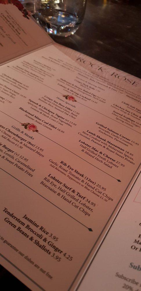 Menu at Rock and Rose Richmond restaurant, Richmond