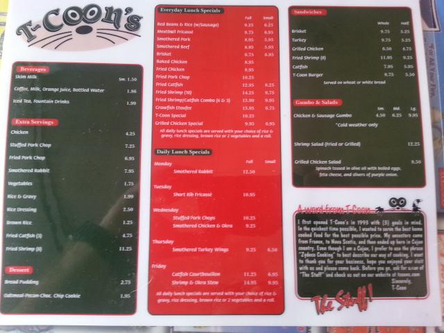 Menu at T-Coon's Restaurant, Lafayette, W Pinhook Rd