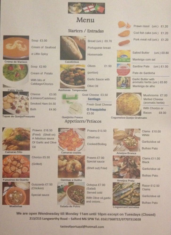 Menu at Taste of Portugal restaurant, Salford, 213/215 Langworthy Road