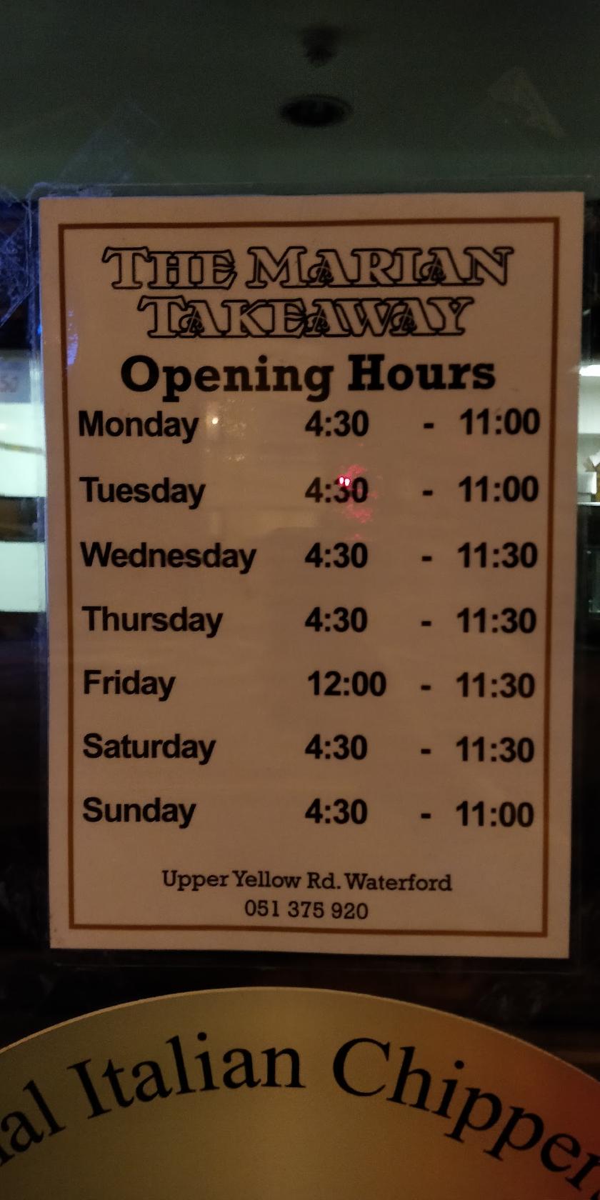 Menu at The Marian restaurant, Waterford