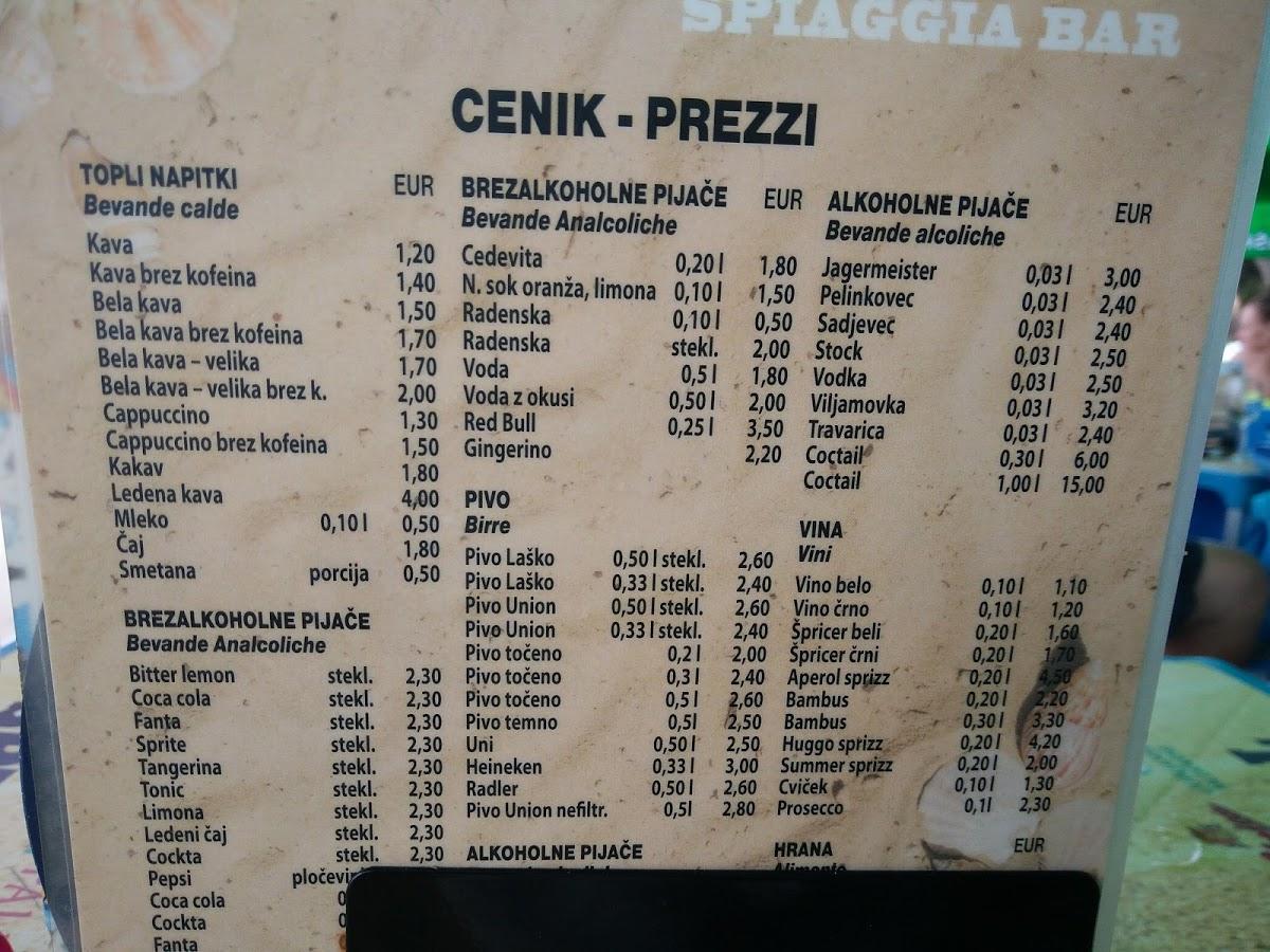 Menu da Bar Spiaggia, Capodistria