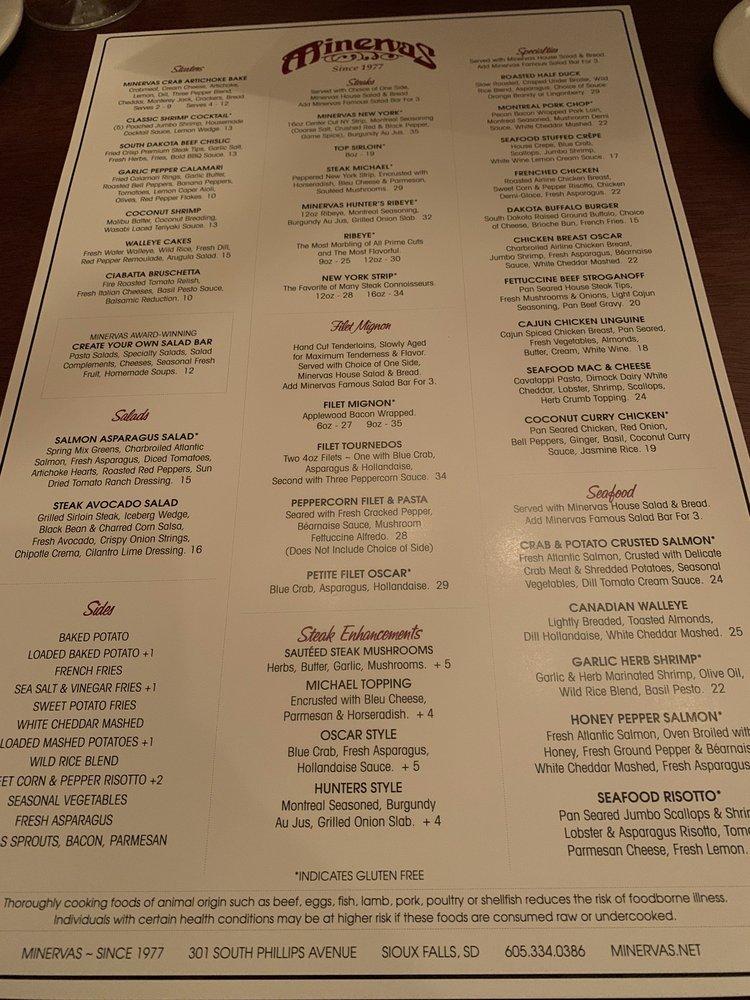 Menu at Minervas Restaurant - Sioux Falls, Sioux Falls