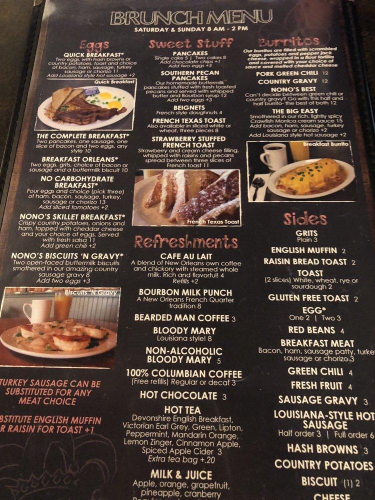 Menu at NoNo's Cafe, Littleton, W County Line Rd
