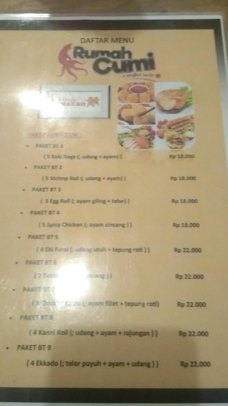 Menu at Rumah Cumi restaurant, Jonggol