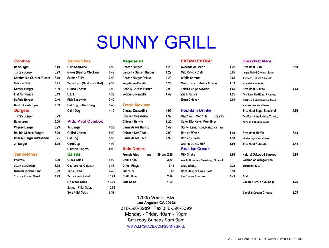 Menu at Sunny Grill restaurant, Los Angeles