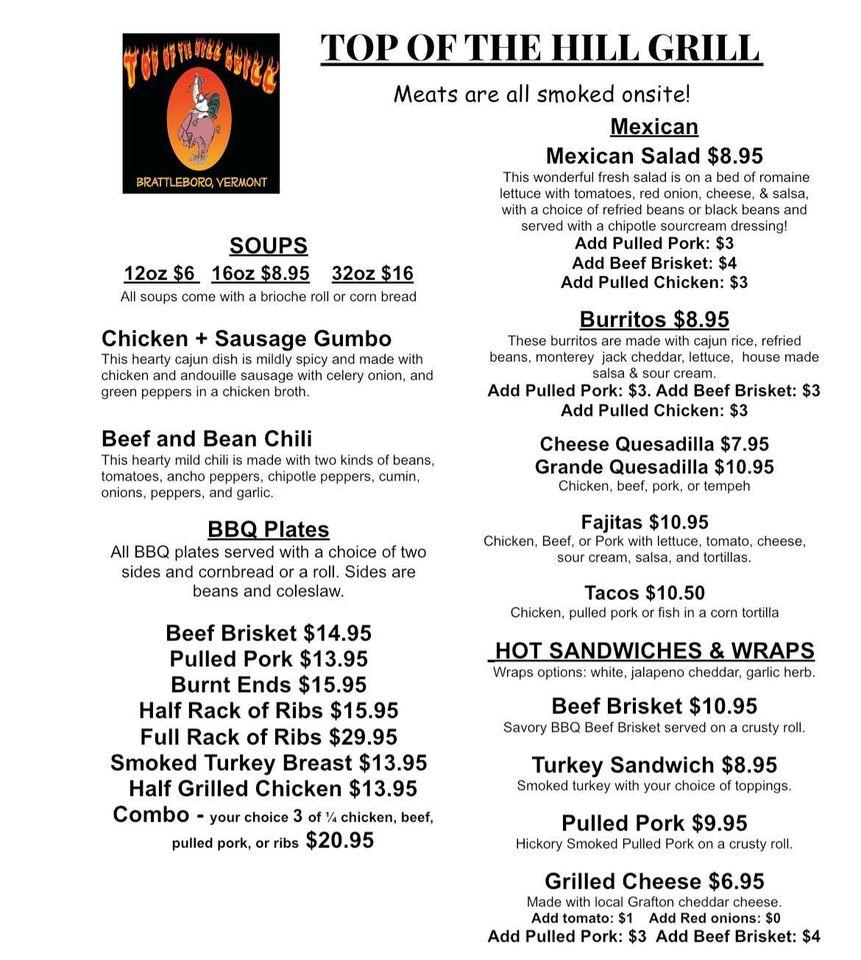 Menu at Top of the Hill Grill BBQ, Brattleboro