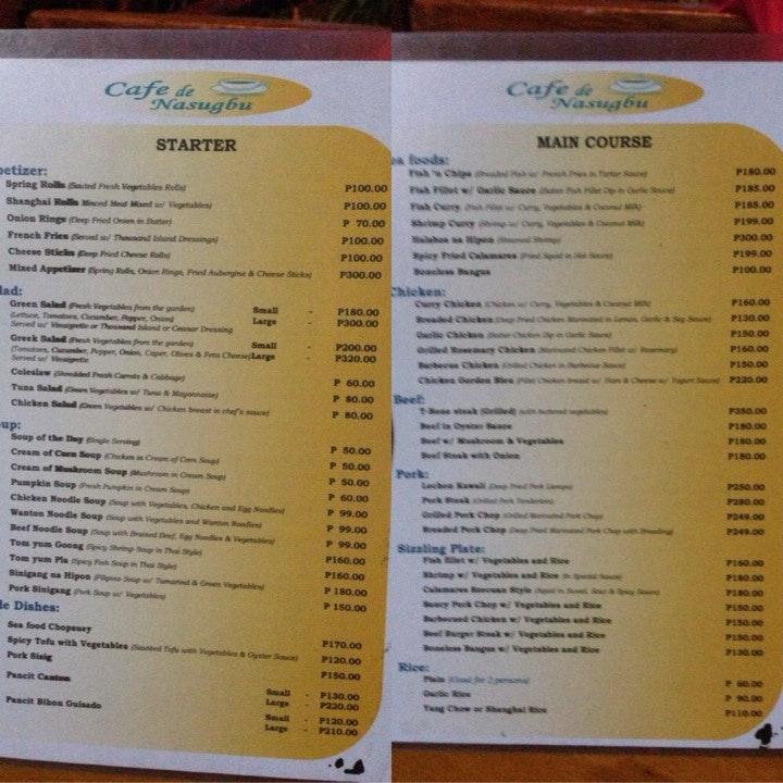 Menu at Cafe de Nasugbu, Nasugbu