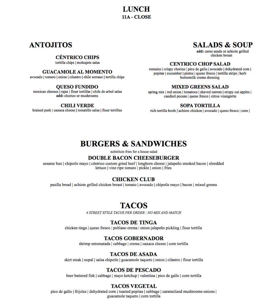 Menu at Centrico pub & bar, Phoenix