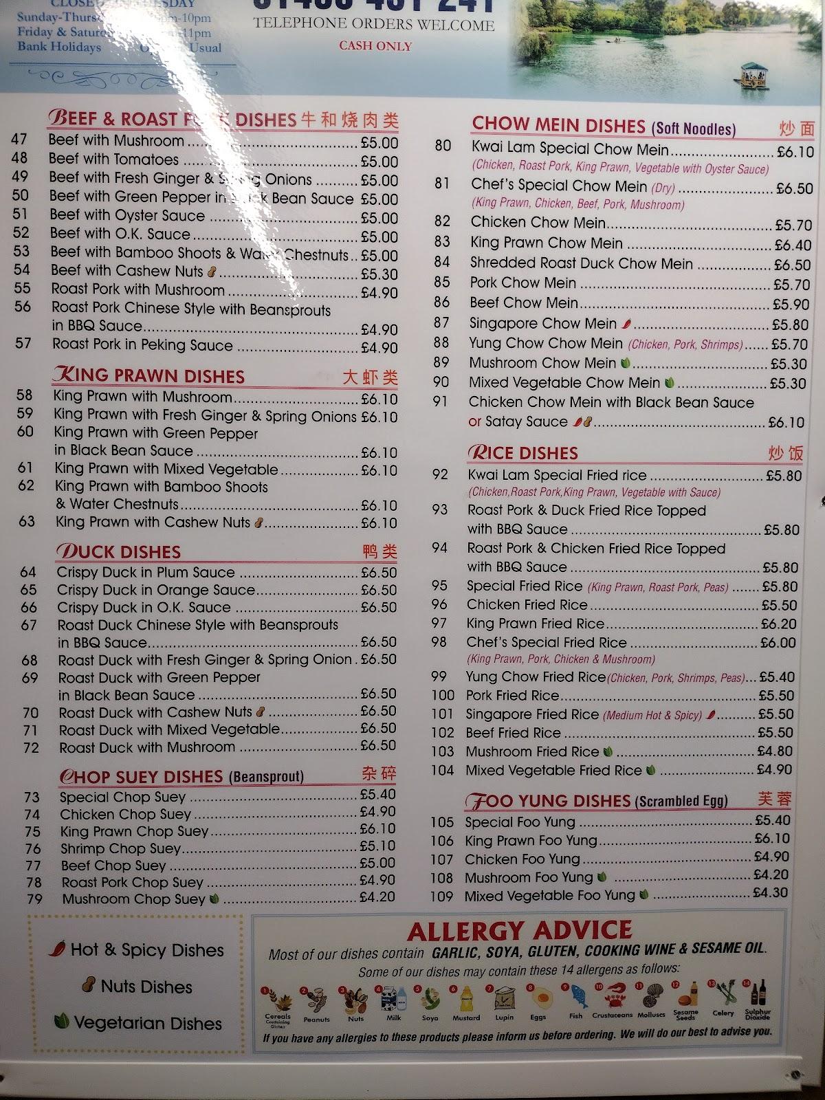 Menu at Kwai Lam Chinese Take Away fast food, Howden