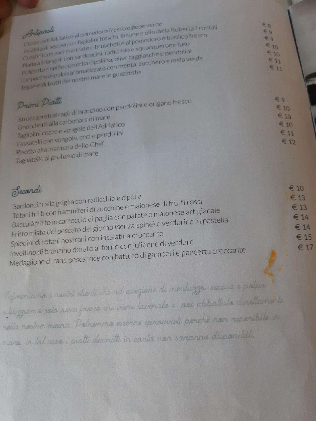 Menu da La Mi Mama ristorante, Rimini