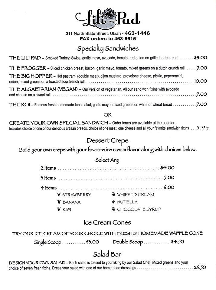 Menu at Lili Pad desserts, Ukiah