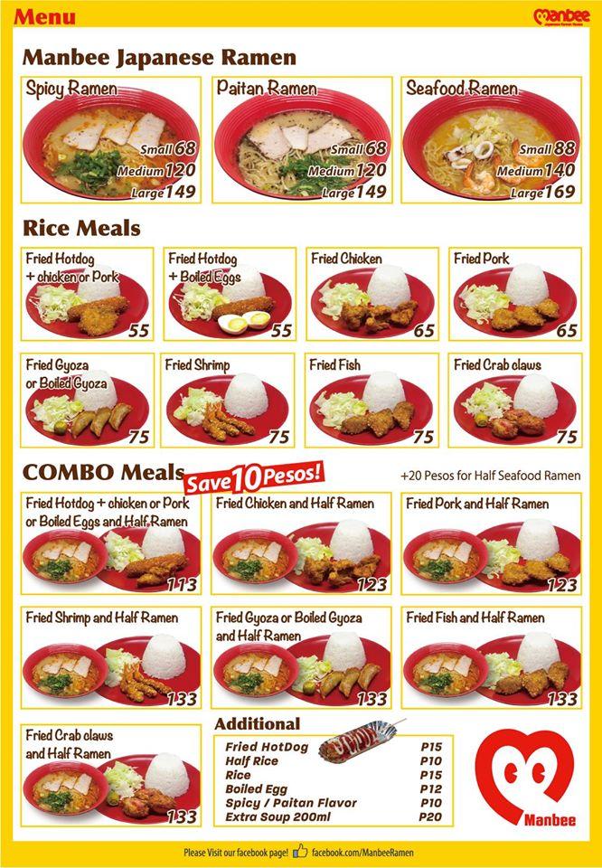 Menu at Manbee Ramen restaurant, Caloocan