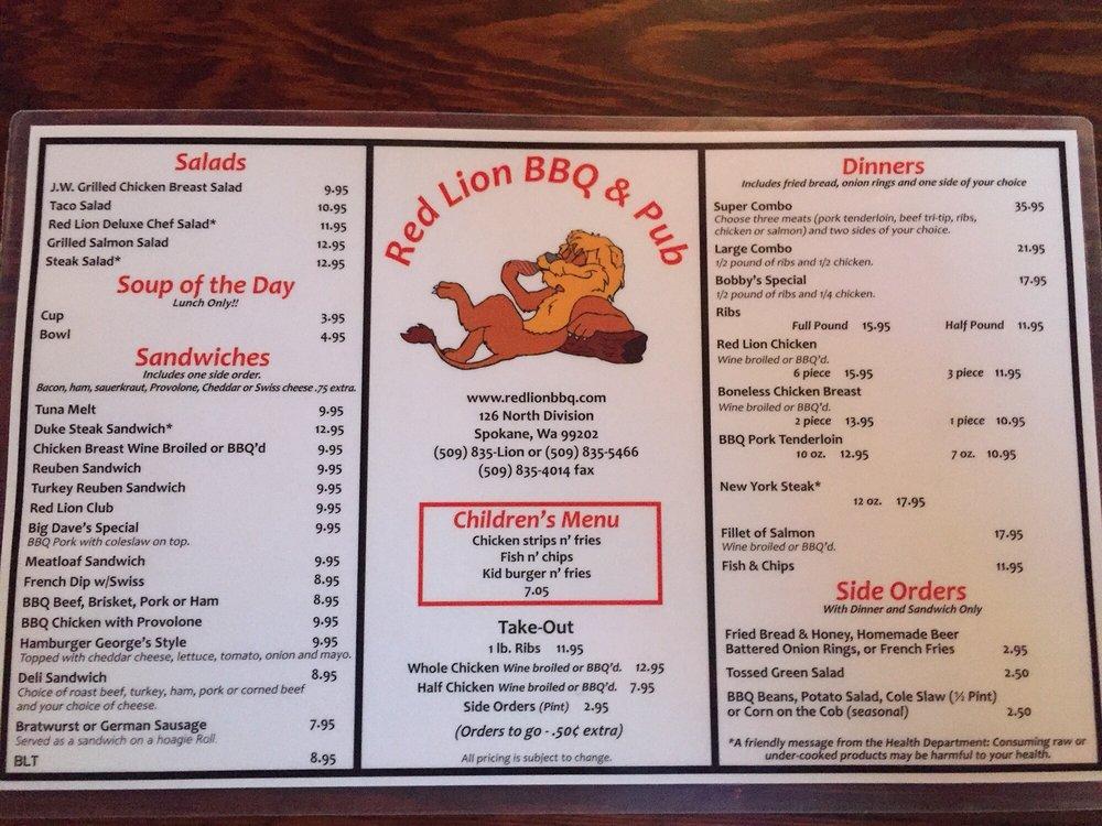 Menu at Red Lion Pub, Spokane