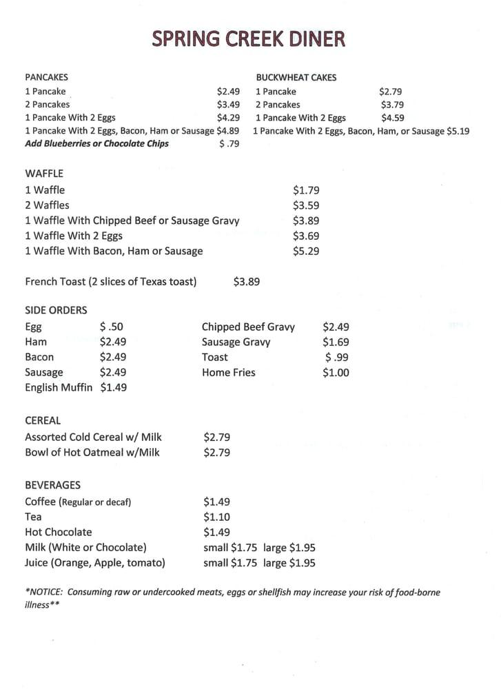 Menu at Spring Creek Diner restaurant, Three Springs