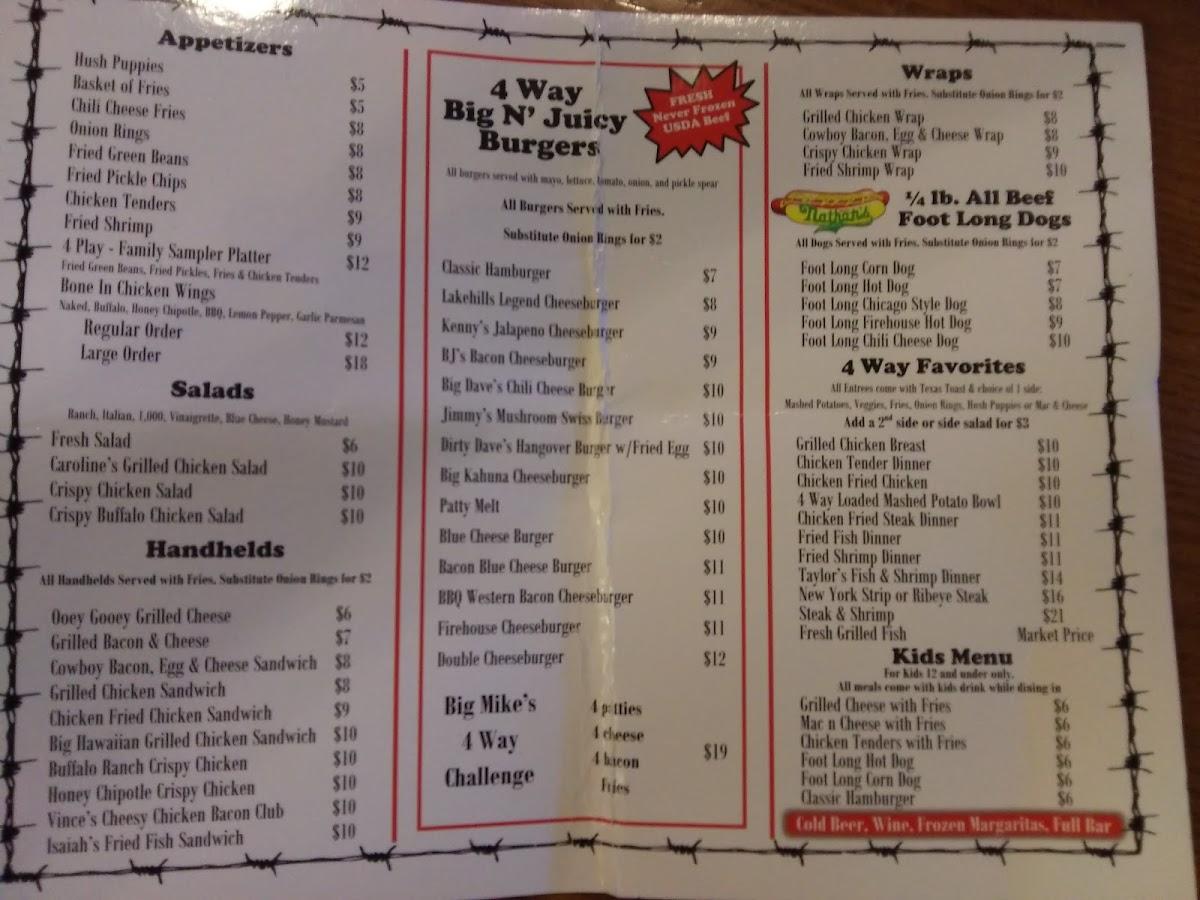 Menu at The 4 Way Bar & Grill, Lakehills