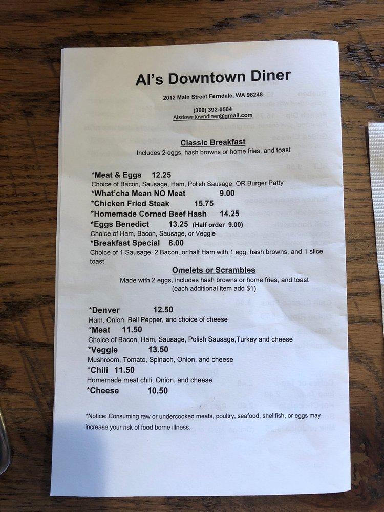 Menu at Al's Downtown Diner restaurant, Ferndale