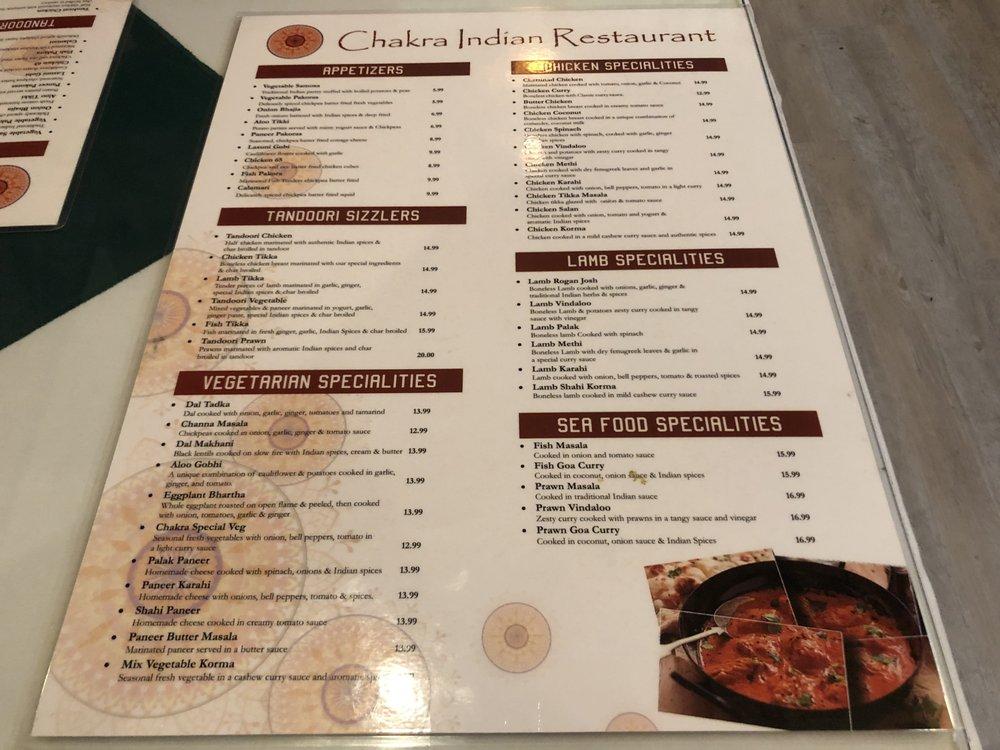 Menu at Chakra Indian Restaurant, Burnaby