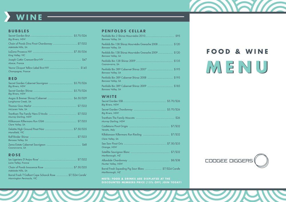 Menu at Coogee Diggers pub & bar, Coogee, Byron St