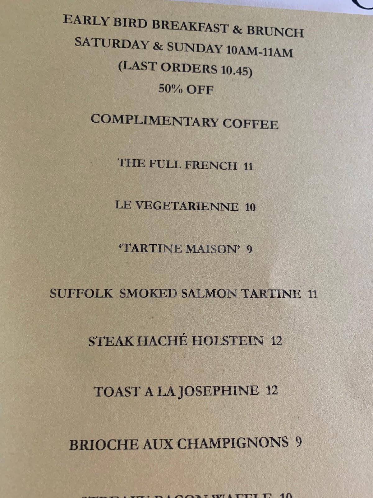 Menu at Le Petit Citron restaurant, London