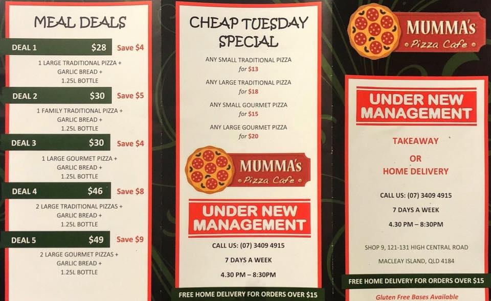 Menu at Mumma's Pizza Cafe, Macleay Island