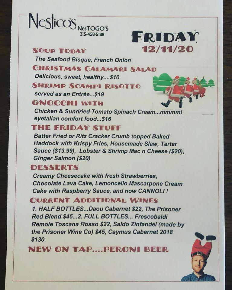 Menu at Nestico's restaurant, North Syracuse