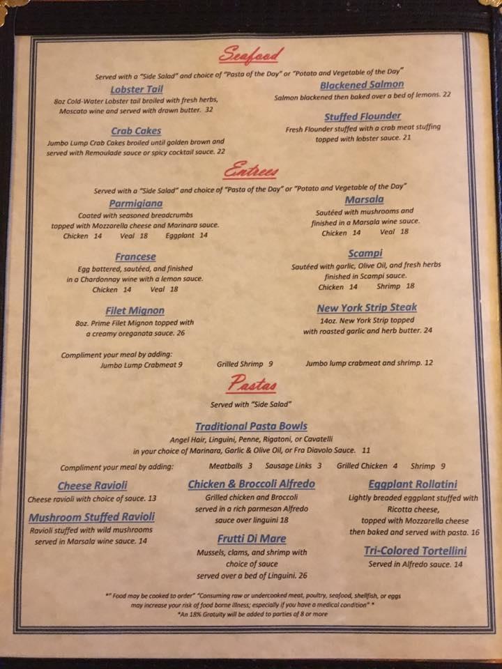 Menu at Rocco's restaurant, Hazleton