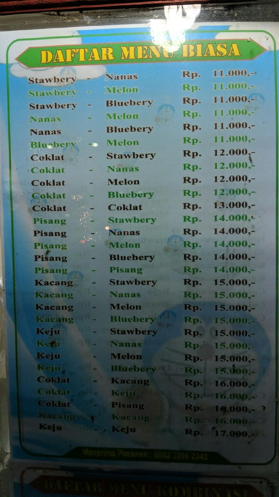 Menu at Roti Bakar Bandung cafe, Pemalang
