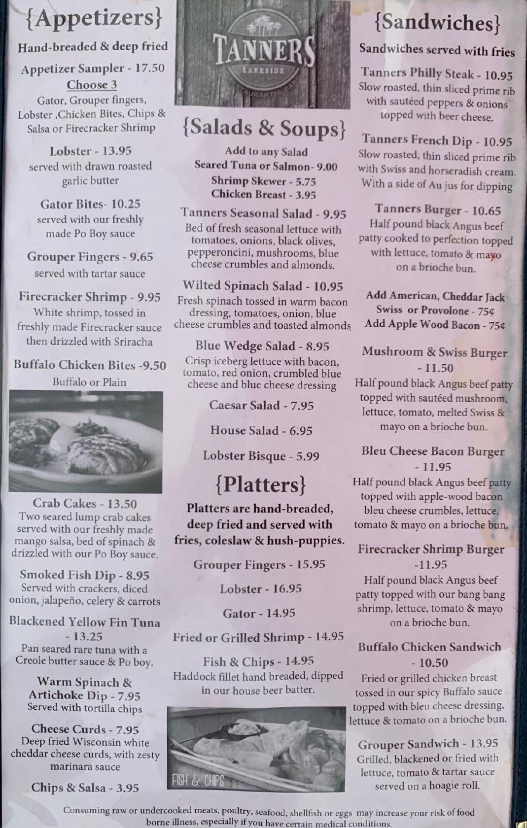 Menu at Tanners Lakeside Restaurant & Bar, Winter Haven