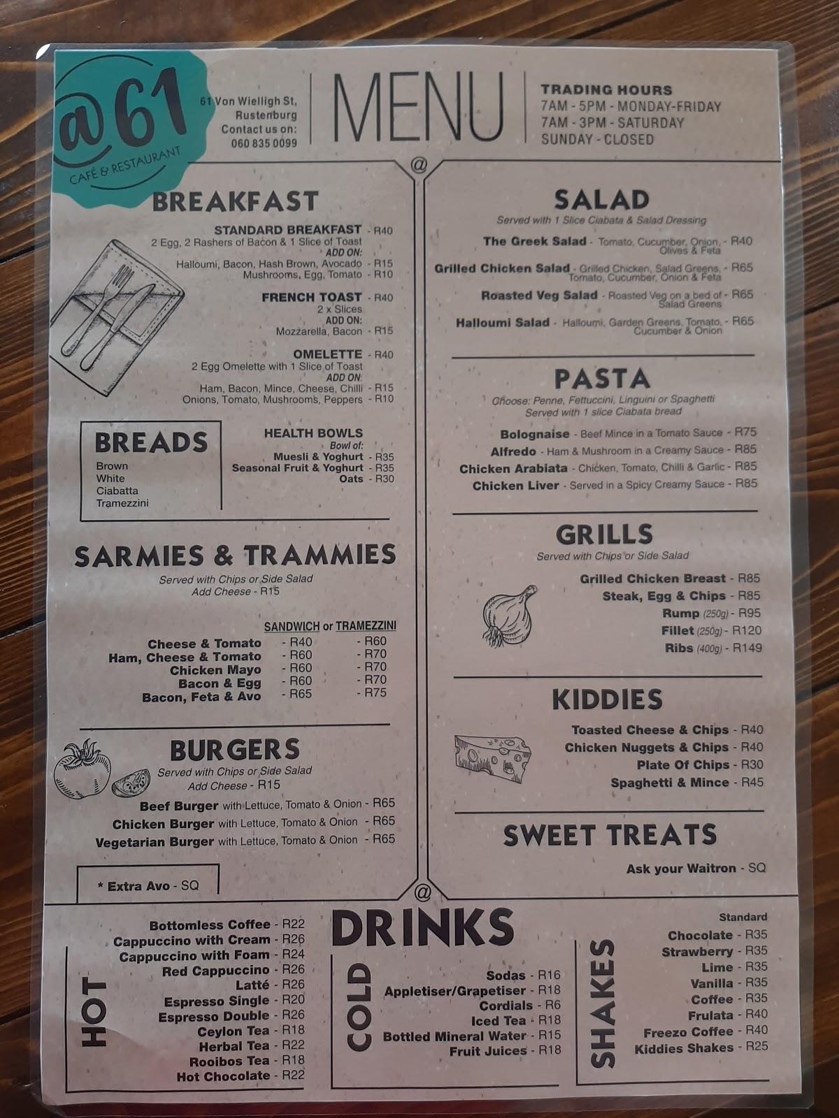 Menu at @61 Cafe and Restaurant, Rustenburg