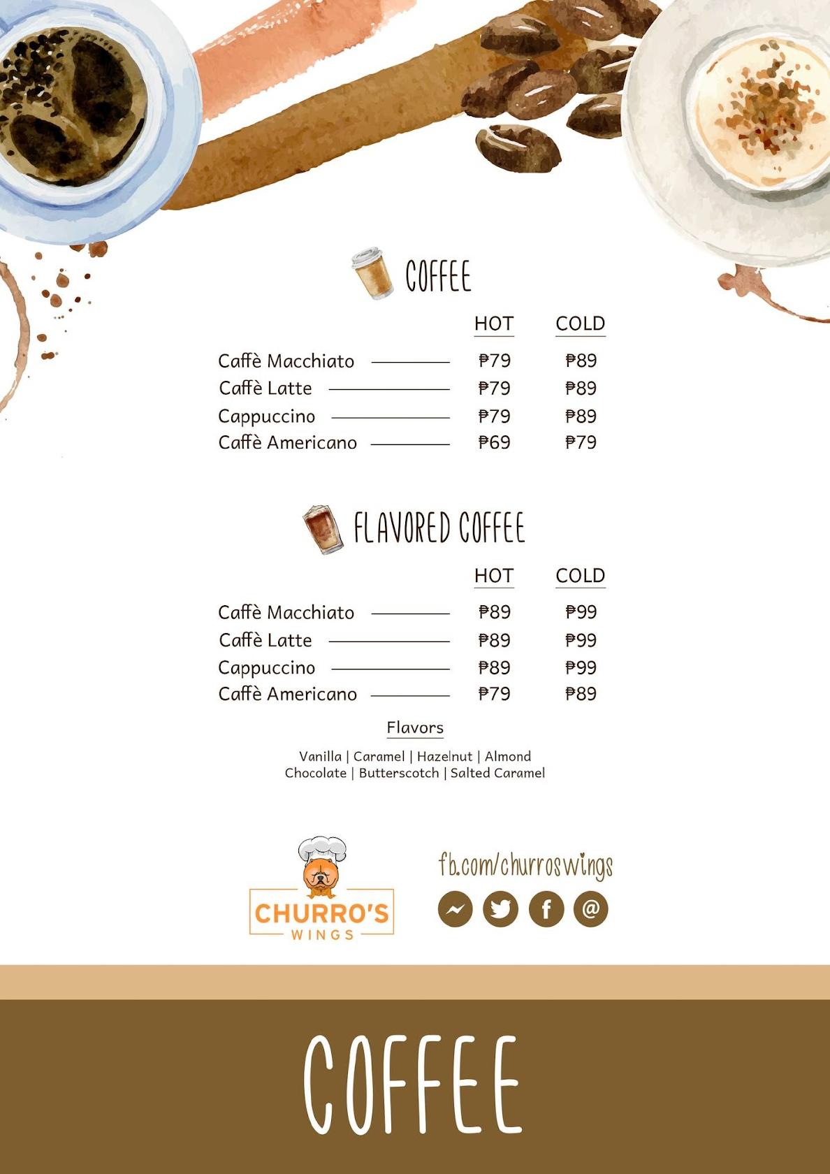 Menu at Churro's Wings restaurant, Masinloc