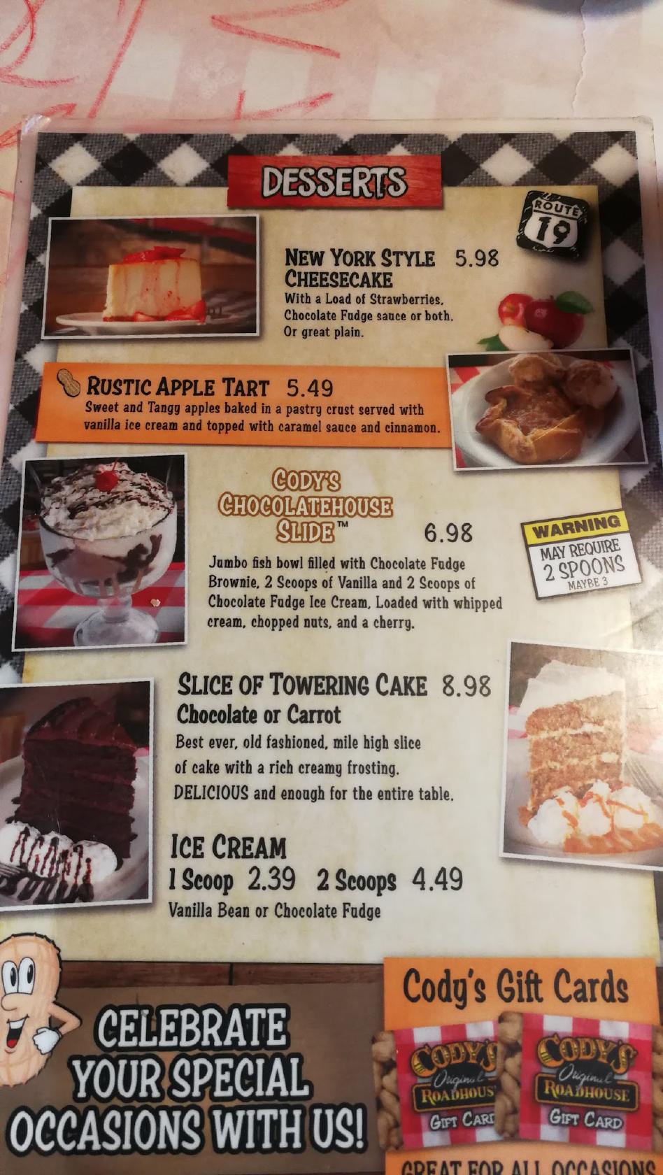 Menu at Cody's Original Roadhouse - Spring Hill steakhouse, Spring Hill ...