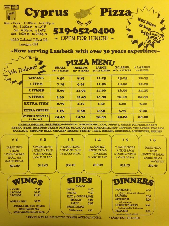 Menu at Cyprus Pizza restaurant, London