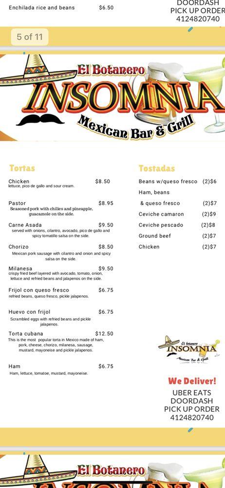 Carta de El Botanero Insomnia Mexican Bar And Grill, Pittsburgh