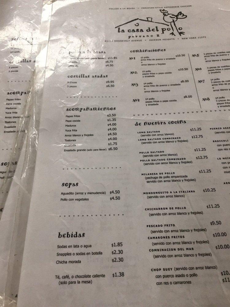 Menu at La casa del pollo peruano restaurant, New York City, Roosevelt Ave