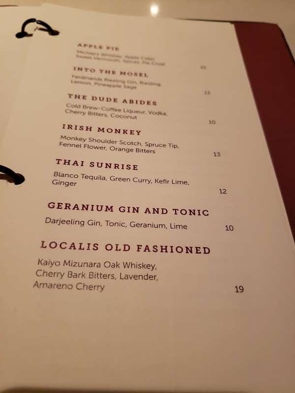 Menu at Localis restaurant, Sacramento