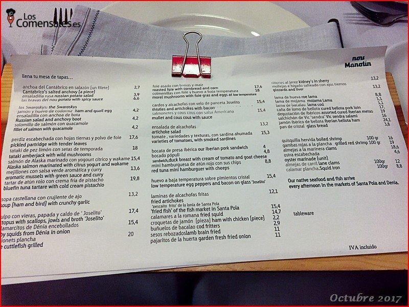 Carta del restaurante Nou Manolín, Alicante, Calle Villegas
