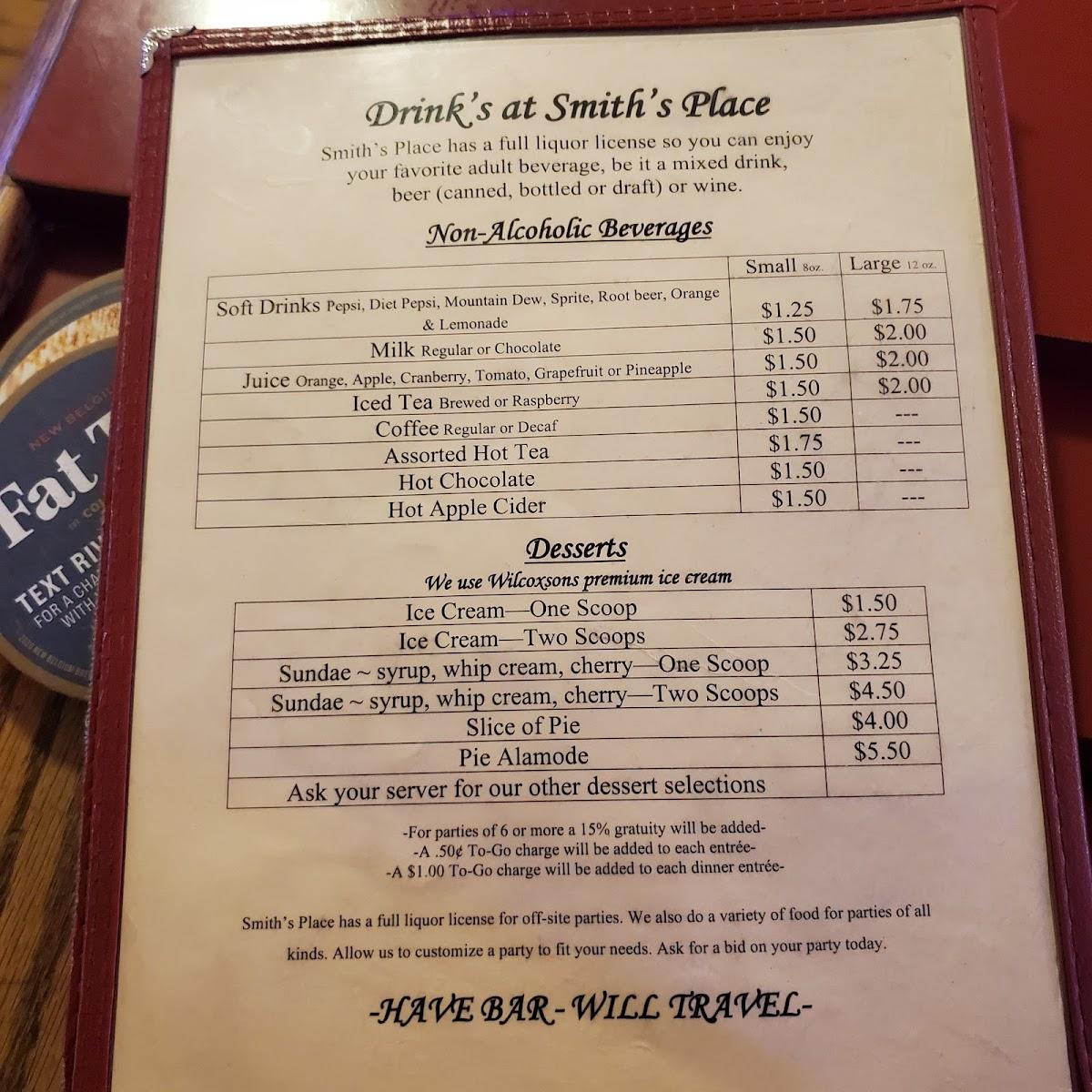 Menu at Smith's Place pub & bar, East Helena