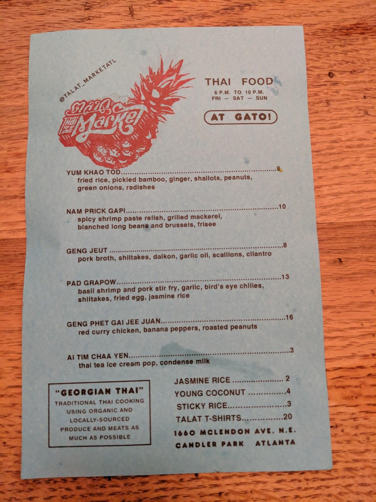 Menu at Talat Market restaurant, Atlanta, 112 Ormond St SE