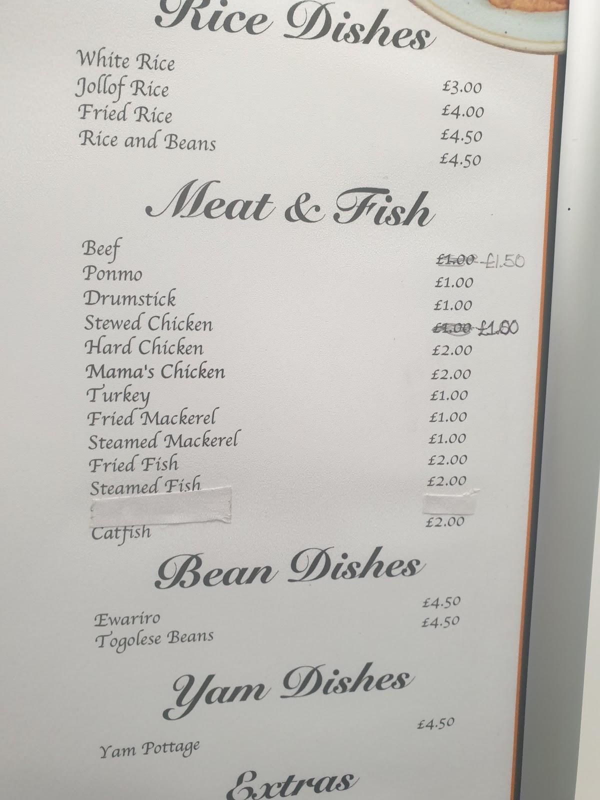 Menu at Tasty African Food restaurant, Grays