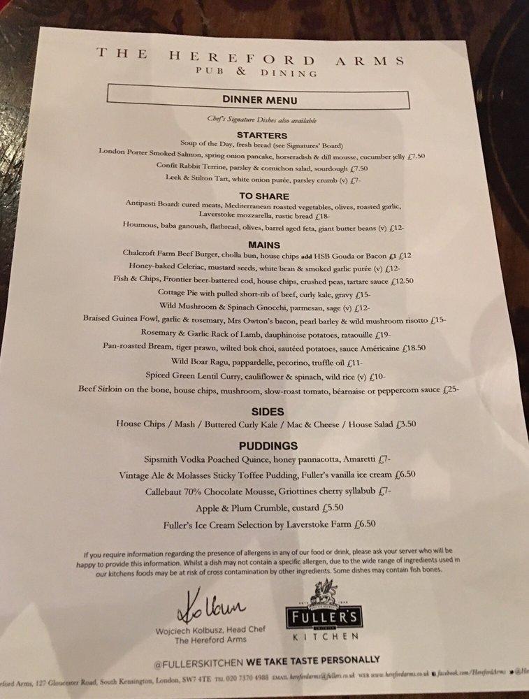Menu at The Hereford Arms, South Kensington pub & bar, London