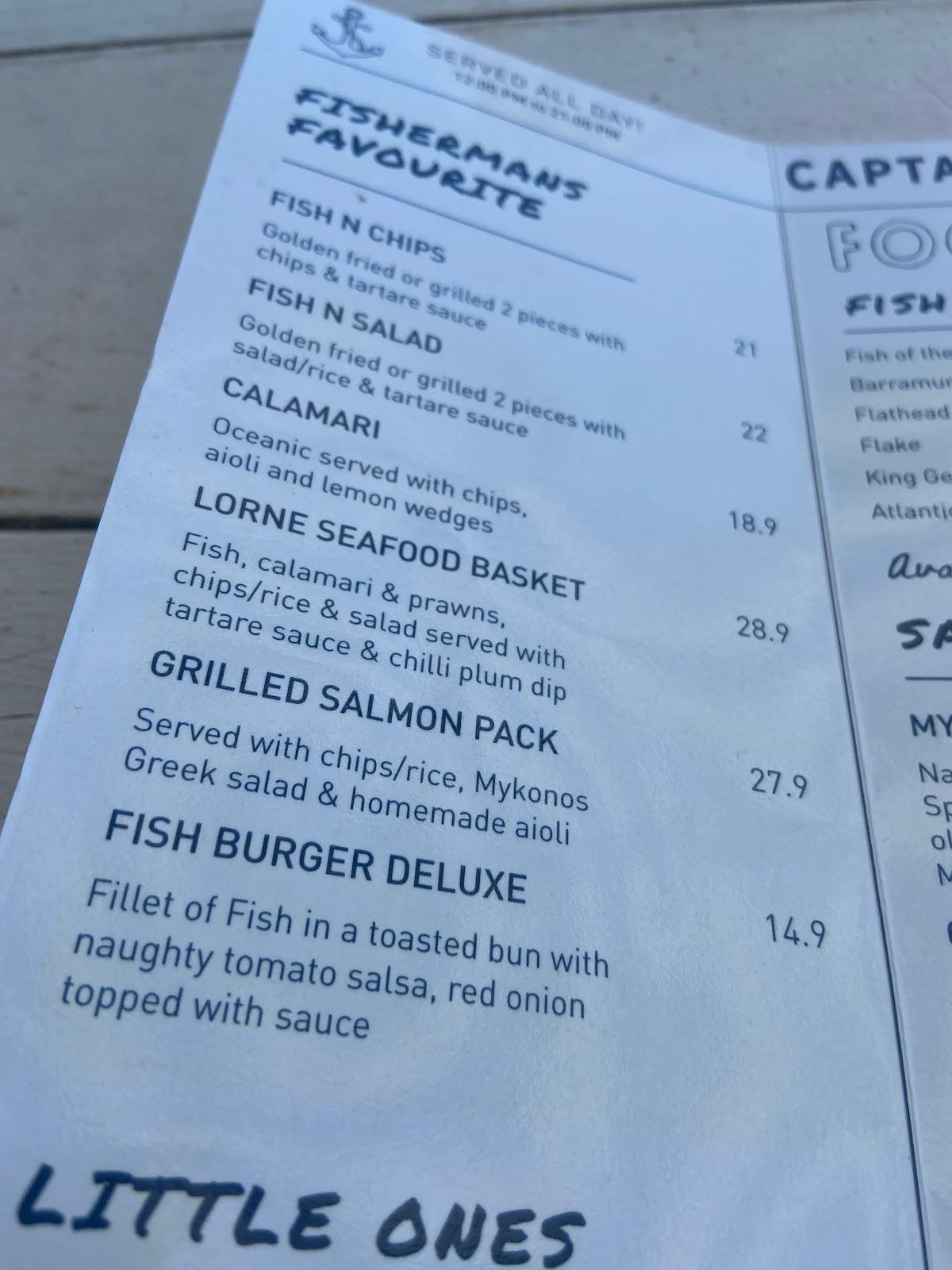 Menu at Captain Hooked restaurant, Lorne