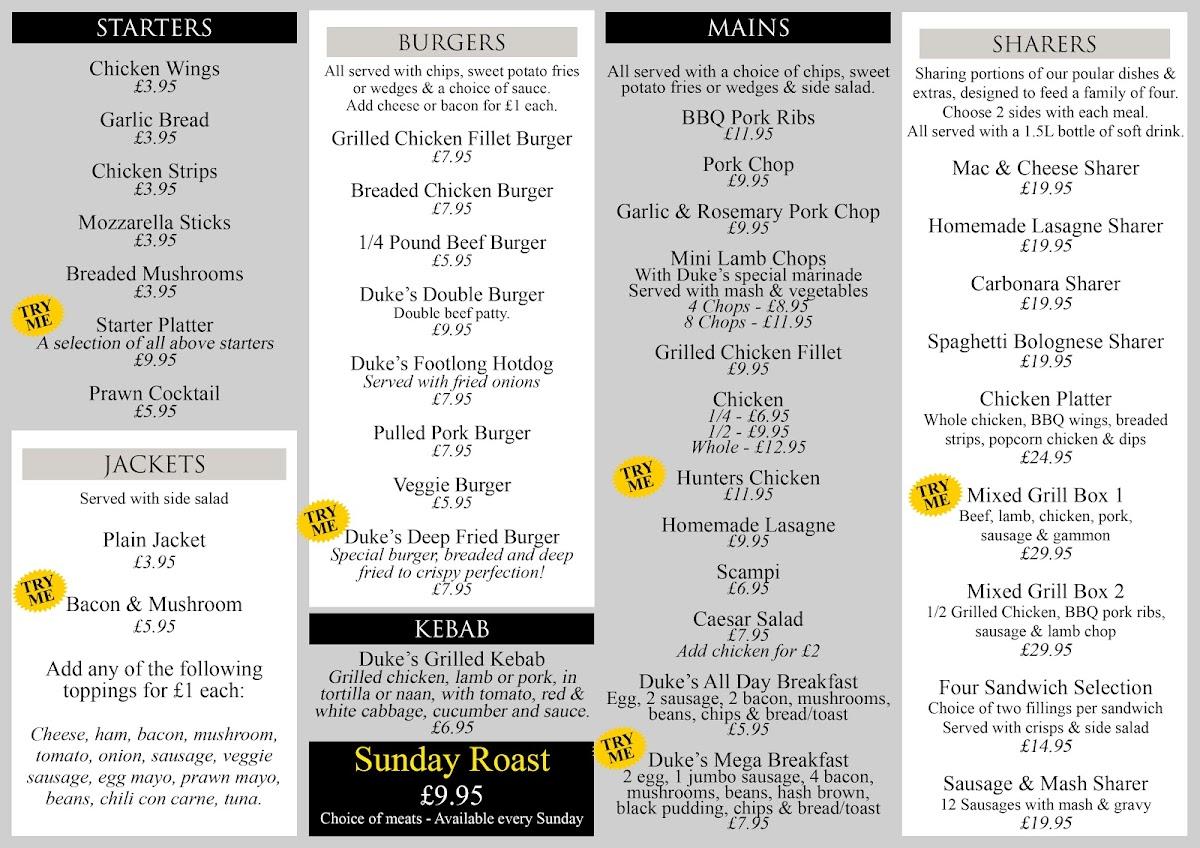 Menu at Duke's Steakhouse, Wisbech